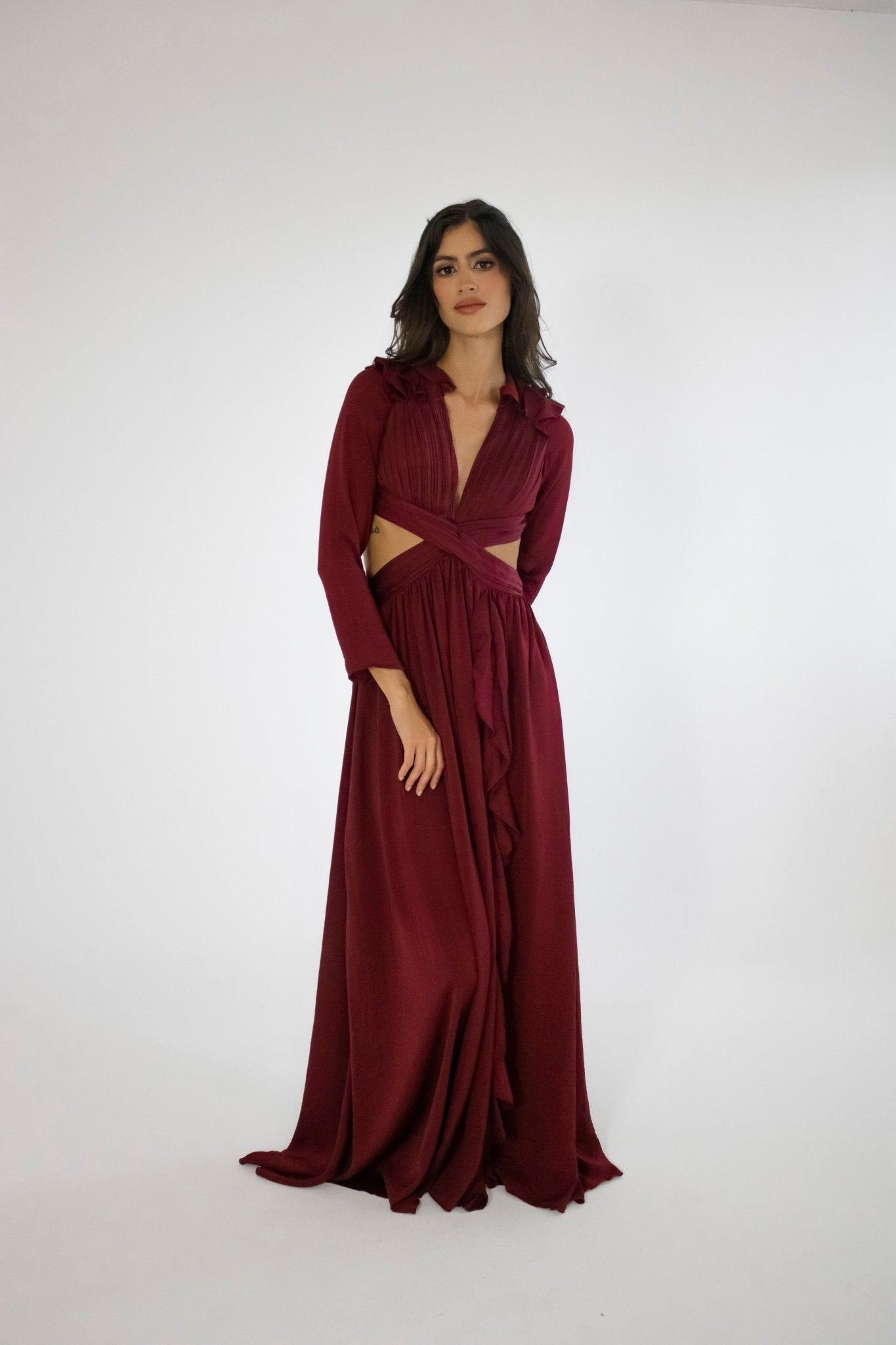 green maxi dress with cut outs and ruffles – Cindel
